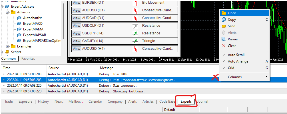 Autochartist - How to get the MetaTrader debug Log
