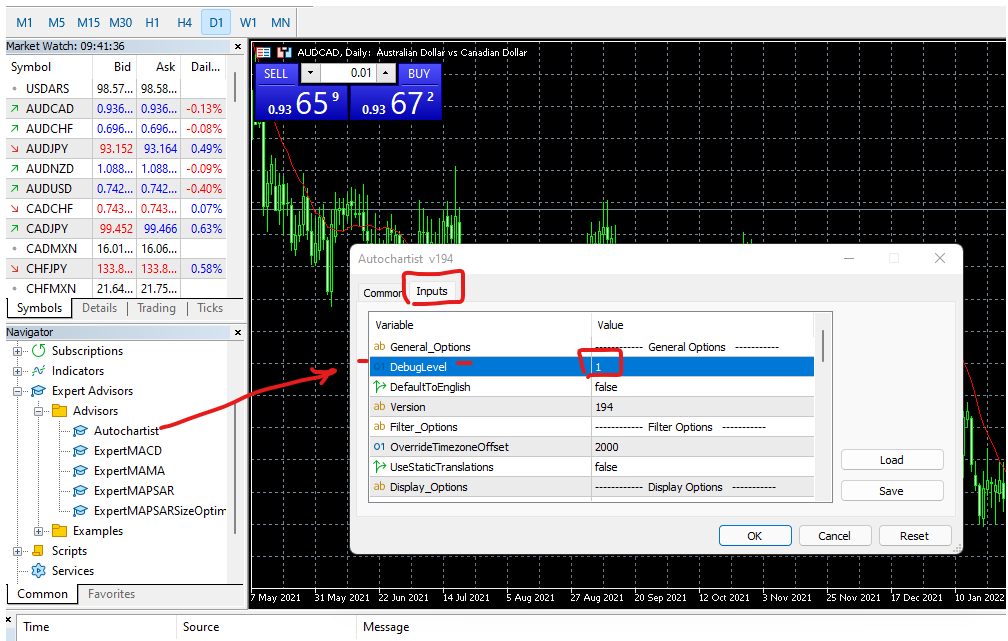 Autochartist - How to get the MetaTrader debug Log
